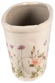 Béžový keramický oválný obal na květináč s kytičkami a motýly Flowers of Love – 23x10x11 cm