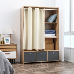 HOMCOM Skříň, šatna s závěsem, oblečení skříň, skříň s ramínkem, 3 oddíly a 3 vyjímatelné textilní zásuvky - 105 x 48 x 160 cm, přírodní dřevo