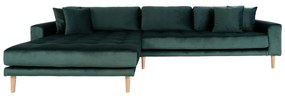 House Nordic Pohovka Lounge Sofa, levá strana, tmavě zelený samet, čtyři polštáře a nohy z přírodního dřeva, HN1006