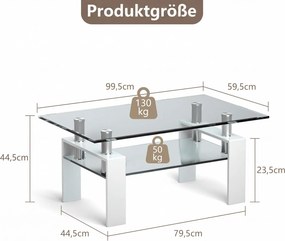 Costway Konferenční stolek ze skla, se spodní policí – 99,5 × 59,5 × 44,5 – bílý