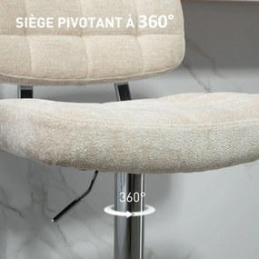 HOMCOM Sada 2 barových židlí, otočné barové křesla, vysoké kuchyňské židle s opěrkou, nastavitelné výšky a podnožky, ocelový rám, nosnost 120 kg, béž…