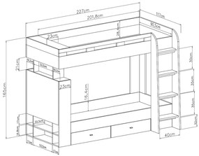 Dvoupatrová postel se zásuvkami Nano 90x200 cm, dub/grafit