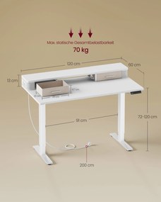 VASAGLE elektricky nastavitelný stůl, 120x60 cm, paměťová funkce, bílá