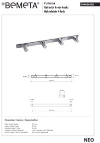 Bemeta Design NEO: Věšák, se 4 háčky -