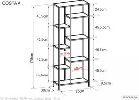 Regál Costa A 70 cm dub přírodní/černý
