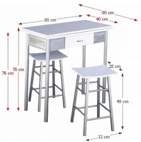 Barový set - stůl + 2 židle, stříbrná / bílá, HOMER
