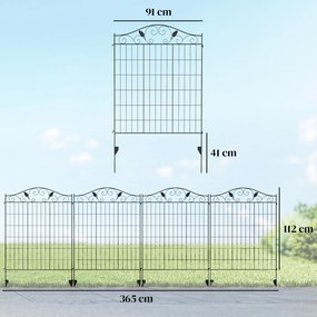 Outsunny zahradní plot sada 4 ks Dekorativní kovový plot, 365x112cm, pro balkon a zahradu, černý| Aosom