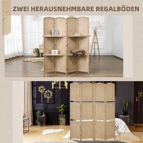 HOMCOM 4-panelový rozdělující paraván 160x170 cm se 2 policemi, soukromý paraván skládací příčka do kanceláře a ložnice přírodní