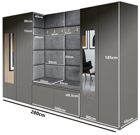 Eka Předsíňová stěna s čalouněnými panely Trinity 10 - Dub Artisan s černou / Světlá béžová 2303