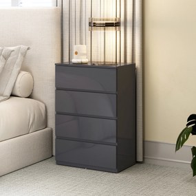 HOMCOM komoda se 4 zásuvkami, vysoce lesklý úložný nábytek, soft-close, 55 x 34 x 80 cm, šedá