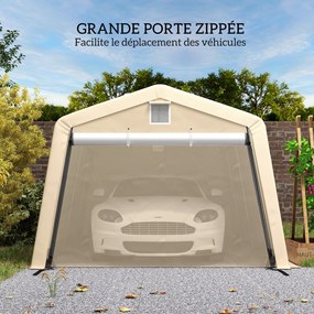 Carport stání Outsunny 6,2L x 3,3W x 2,4H m, Pevný pozinkovaný ocelový rám, voděodolný polyethylen 150 g/m², Anti-UV, 1 Khaki dveře a 2 větrání