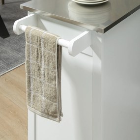 HOMCOM Bílý Kitchen Island Trolley z MDF a nerezové oceli s kolečky, víceúložný, 1 zásuvka, skříňka s 2 dveřmi a držákem na utěrku