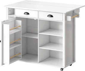HOMCOM kuchyňský ostrov na kolečkách, skládací pracovní deska, kořenková police, držák na ručníky, skříňka, 2 zásuvky, 117,5x70x91 cm, bílá