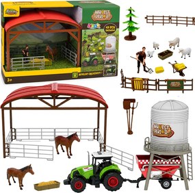 LEAN Toys Sada „Farma“ s traktorem, stájí, silem, figurkami zvířat a nářadím, 49 dílů