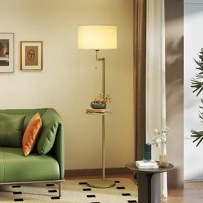 HOMCOM moderní stojací lampa s policí, lněné stínidlo, řetízkové spouštění a USB připojení Ø40x170 cm pro obývací pokoj, zlatá