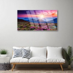 Obraz na skle Hora Louka Květiny Krajina 120x60 cm