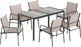 Outsunny sada stolu a židlí do zahrady s deskou stolu se vzhledem dřeva a 6 prodyšnými židlemi pro terasu, patio, khaki