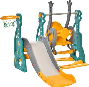 Dětská skluzavka HOMCOM se houpačkou a basketbalovým košem 3 v 1 pro děti 18-36 měsíců s nastavitelným sedadlem, vnitřní a venkovní herní set 152x149x
