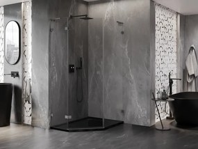 Mexen Lunar, L pětiúhelníkový sprchový kout naklápěcí doleva 80 x 90 cm, 8mm čiré sklo, grafitový profil, 831L-080L-090P-95-00-L