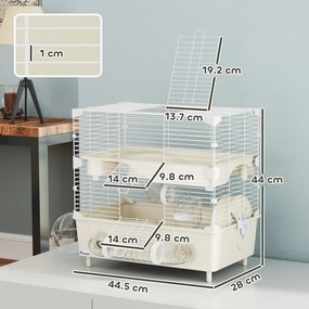 Kotec pro křečky PawHut se 2 patry a 3 dveřmi s kolem, podestýlkou a hracími trubicemi, ocel, PS a PP, 44,5x28x44 cm, krémový a bílý