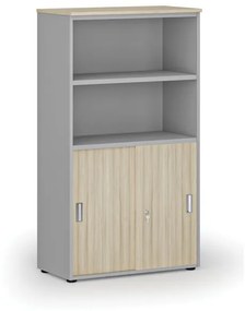 Kombinovaná kancelářská skříň PRIMO GRAY, zasouvací dveře na 2 patra, 1434 x 800 x 420 mm, šedá/dub přírodní