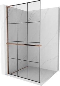 Mexen Kioto+ L, sprchová zástěna Walk-In s poličkou a věšákem 110 x 200 cm, 8mm čiré sklo černý vzor, ​​růžové zlato profil, 800-110-123-60-77