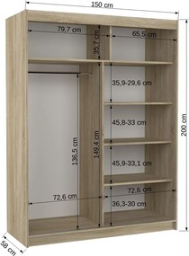 ADRK Furniture Posuvná skříň se zrcadlem a LED osvětlením INESS 150 SW-INE-T-150+L-V122