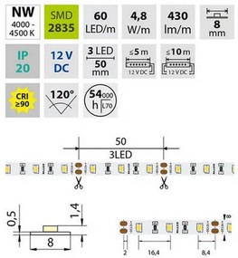 LED pásek McLED 12V neutrální bílá CRI90 š=8mm IP20 4,8W/m 60LED/m SMD2835 ML-121.830.60.2