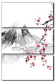 Obraz na plátně - Tradiční sumi-e obraz: sakura, slunce a hory - obdélník 7271B (105x70 cm)
