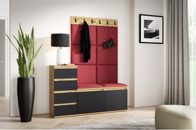 Eka Předsíňová stěna s čalouněnými panely Trinity 34 - Dub Artisan s černou /Rubínová 2324