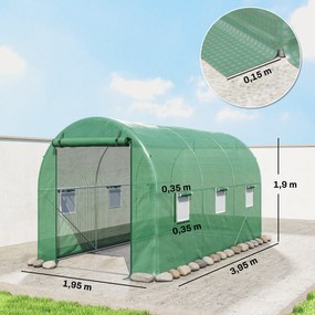 Fóliový skleník na rajčata Outsunny 395x195x190cm s 6 okny ze sítě, kulatý obloukový skleník pro pěstování rostlin a chladicí rám | Aosom.de