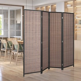 HOMCOM Dřevěný 4-panelový Předěl do Interiéru 180 x 180 cm Skládací Izolační Příčka pro Obývací Pokoj a Ložnici, Hnědá
