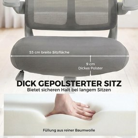 HOMCOM Ergonomická kancelářská židle z mesh, otočná židle s vysokým opěradlem a sklápěcími područkami, s houpací funkcí, šedá