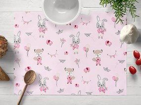 Biante Dětské bavlněné prostírání na stůl Sandra SA-466 Zajíčci a lišky s balónky na růžovém 30x40 cm