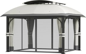 Outsunny Pavilón s Dvojitou Střechou, 4x3,3m Vodotěsný Pevný Zimní Zahradní Pavilón s Moskytiérou a Bočními Panely, Zahradní Pavilón z Pozinkovaného K