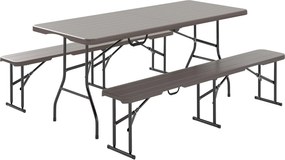Sada skládacího campingového stolu a lavic Outsunny - 3 díly, zahrnující 1 stůl 180x74x74 cm a 2 voděodolné lavičky s dřevěným efektem, ideální na kem