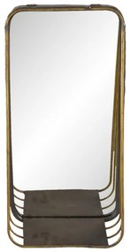 Zlaté podlouhlé zrcadlo v kovovém rámu s dřevěnou poličkou Gold – 19x11x39 cm
