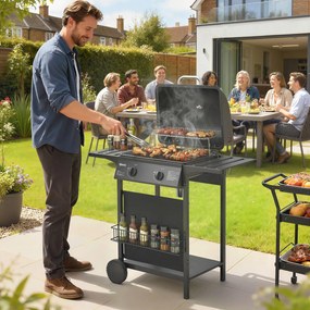 Plynový gril 5 KW 2 hořáky BBQ grilovací vozík z nerezové oceli včetně bočního stolku spodní koš přední kryt teploměr smaltovaný grilovací rošt