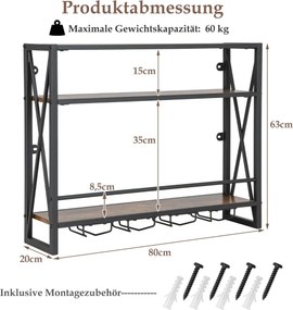 Costway 3-vrstvý nástěnný kovový stojan na víno s držákem na sklo Průmyslový
