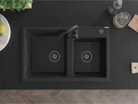 Mexen Tomas, granitový dřez 800x500x190 mm, 2-komorový, černá-zlatá metalíza s černým sifonem, 6516802000-75-B
