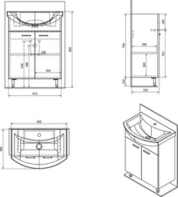 Aqualine Sapho, ZOJA umyvadlová skříňka 61,5x74x32,5cm, dub platin, 2x dvířka, 51163