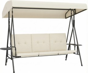 Outsunny zahradní houpačka pro 3 osoby — nastavitelná stříška, 2 odkládací stolky a polštáře, ocel/polyester, krémová | Aosom