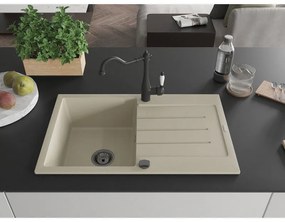Mexen Bruno, granitový dřez 795x495x200 mm, 1-komorový a dřezová baterie Carla, béžová, 6513-69-670700-70