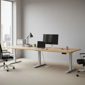 Výškově nastavitelný stůl OfficeTech Long, 260 x 80 cm, šedá podnož, dub zlatý