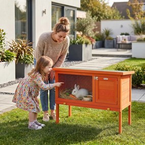PawHut Zající kurník zvýšený králíkárna ze dřeva s otevíratelnou bitumenovou střechou vysouvací zásuvka 90x45x65 cm Oranžová