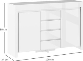 HOMCOM komoda do obývacího pokoje, úložný nábytek s LED osvětlením, 4 zásuvky, dveře s tichým zavíráním, 120 x 34 x 80 cm, vysoký lesk bílá