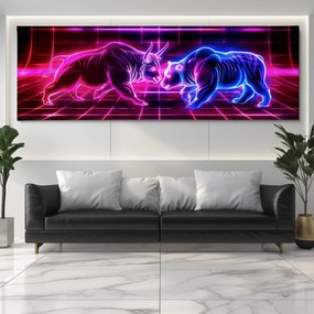 Obraz na plátně - Neonový býk a medvěd FeelHappy.cz Velikost obrazu: 180 x 60 cm