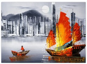 Skleněný obraz - Victoria Harbor, Hong Kong, černobílá olejomalba (70x50 cm)