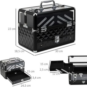 HOMCOM Organizér na make-up a šperky, přenosný, víceúrovňový s rukojetí a skládacími přihrádkami, hliníková slitina, 30x18,5x22 cm, průhledný a černý
