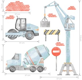 Dětské samolepky na zeď  STAVEBNÍ STROJE modré